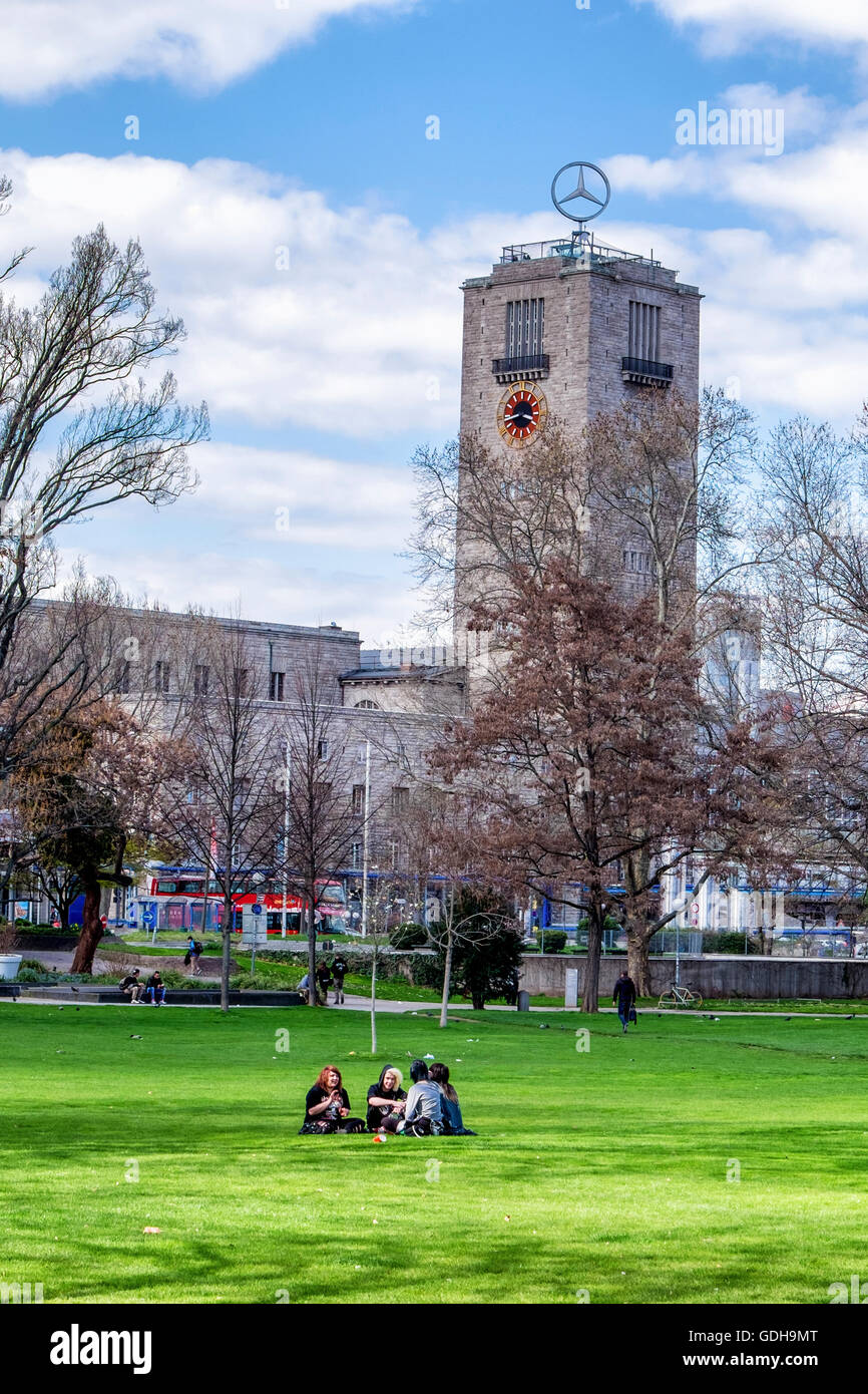 Stuttgart Hauptbahnhof, Main Railway station tower with Mercedes Benz ...