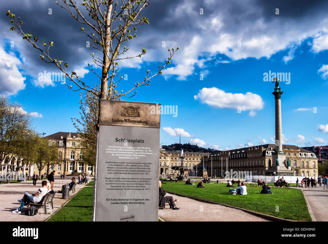 Schlossplatz Stuttgart. Information plaque and historic buildings in ...