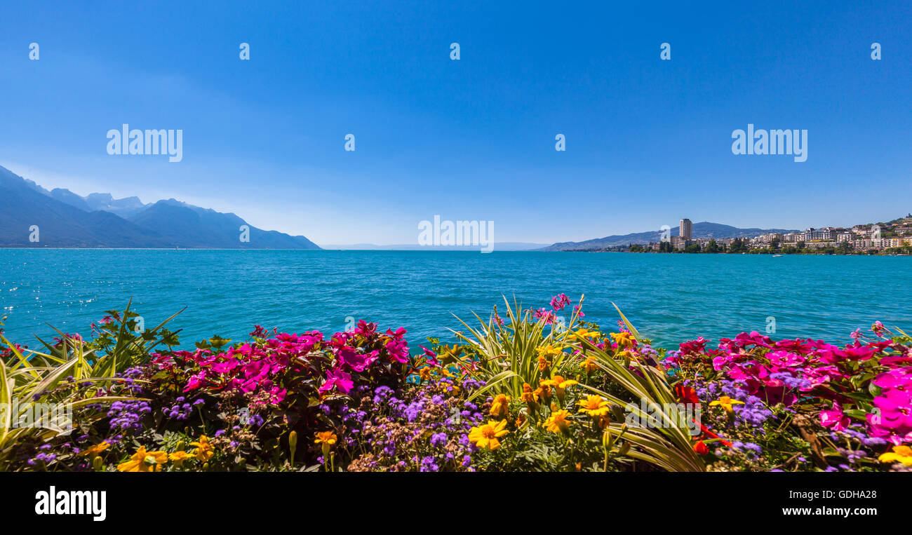 Panorama view of the Alps, Geneva lake and Montreux cityscape with ...