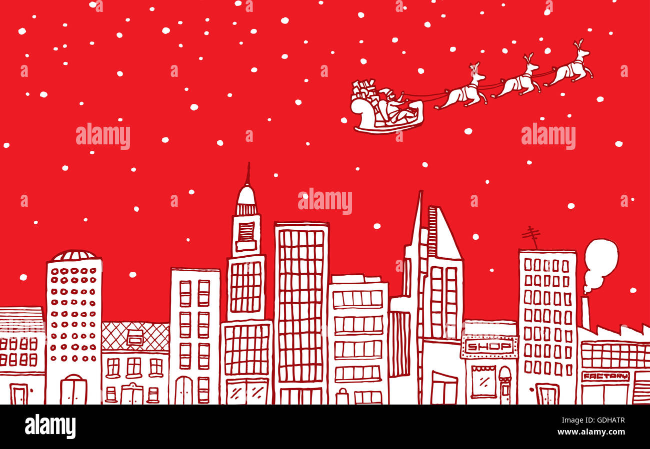 Cartoon illustration of christmas and santa claus flying over a skyline ...