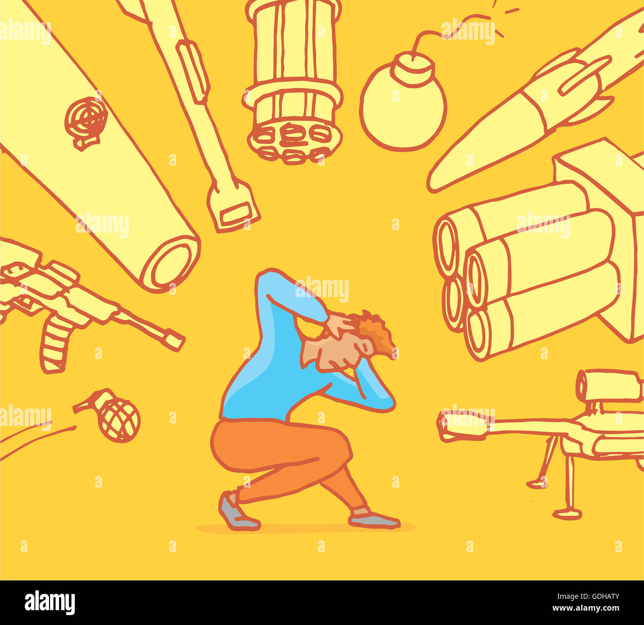 Cartoon illustration of a stressed man taking cover from guns Stock ...