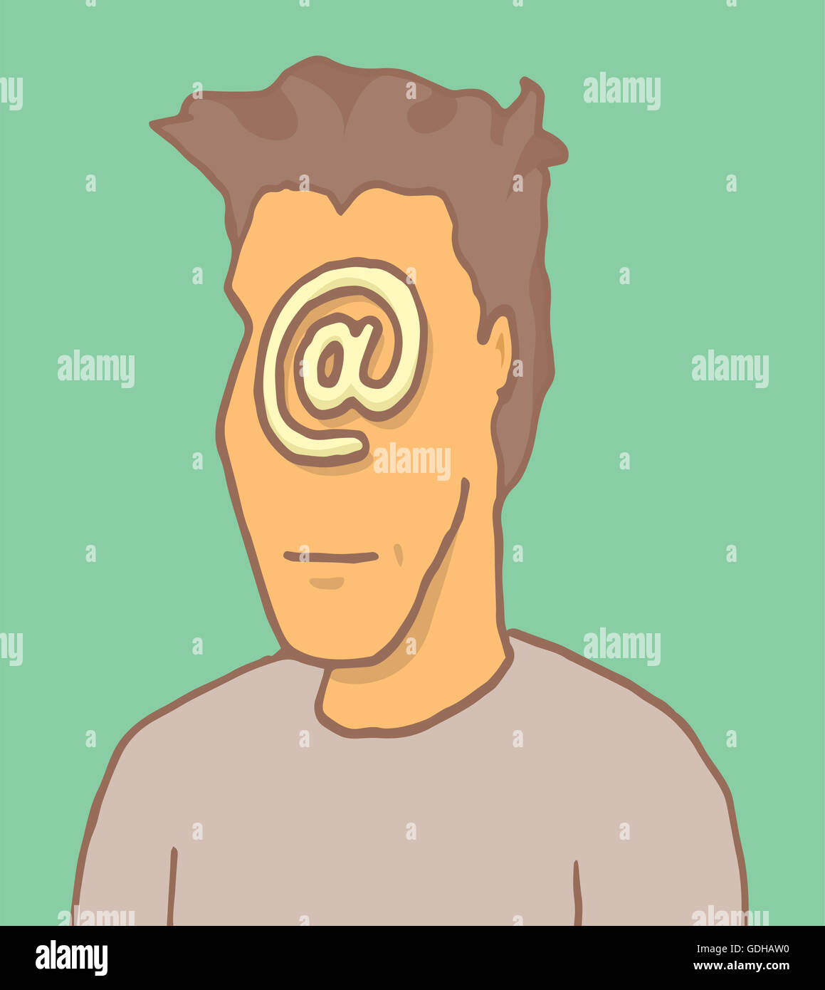 Cartoon illustration of a man with at sign on his face as digital ...