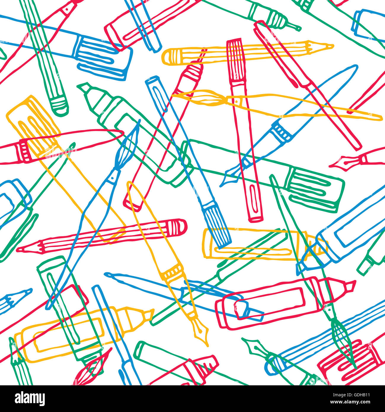 Cartoon illustration background of diverse writing instruments in a ...