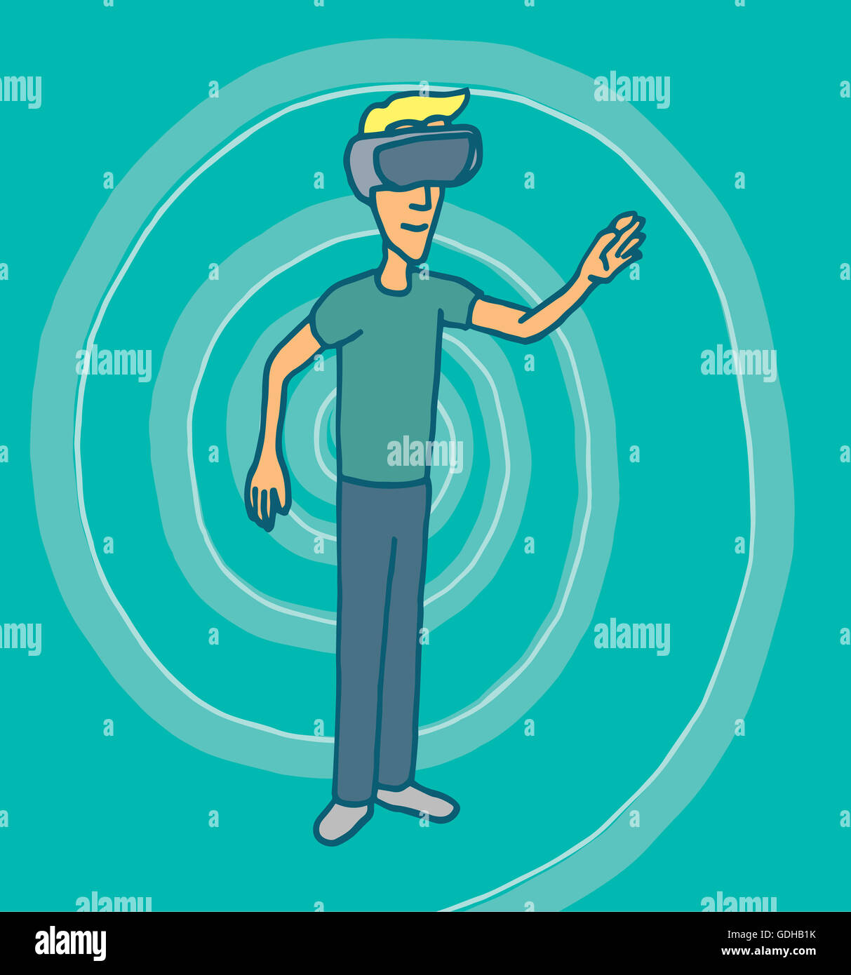 Cartoon illustration of a man in a virtual reality session with goggles ...