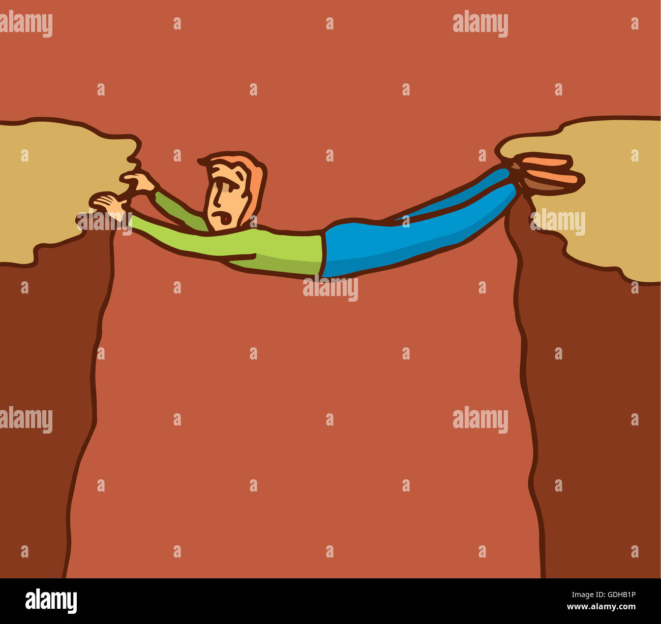 Cartoon illustration of a man laying on a gap between two cliffs Stock ...