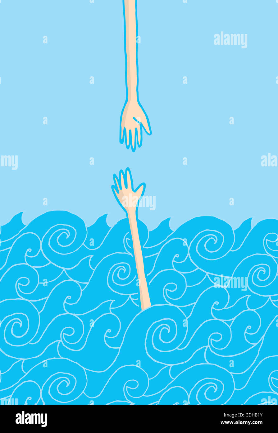 Cartoon illustration of a hand reaching for help at the sea Stock Photo ...