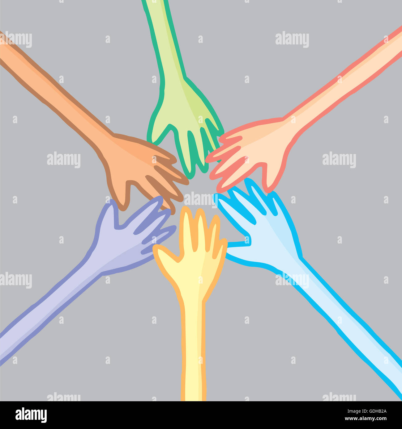 Cartoon illustration of a group of different hands joining on teamwork Stock Photo - Alamy