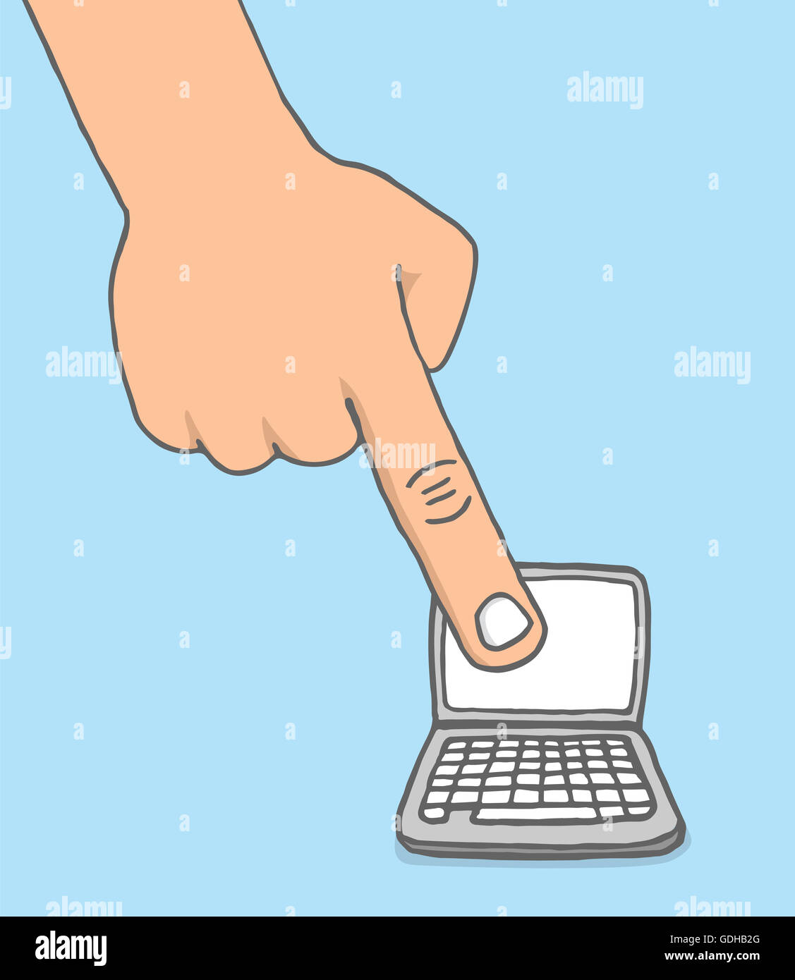 Cartoon illustration of a big finger pointing at a tiny computer Stock ...