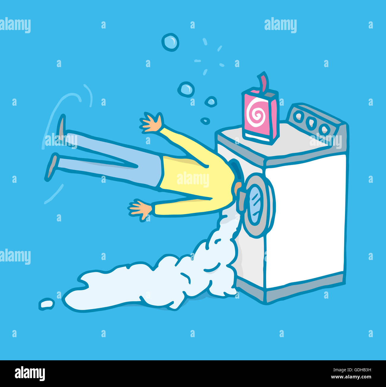 Cartoon illustration of a man with his head on a washing machine Stock ...