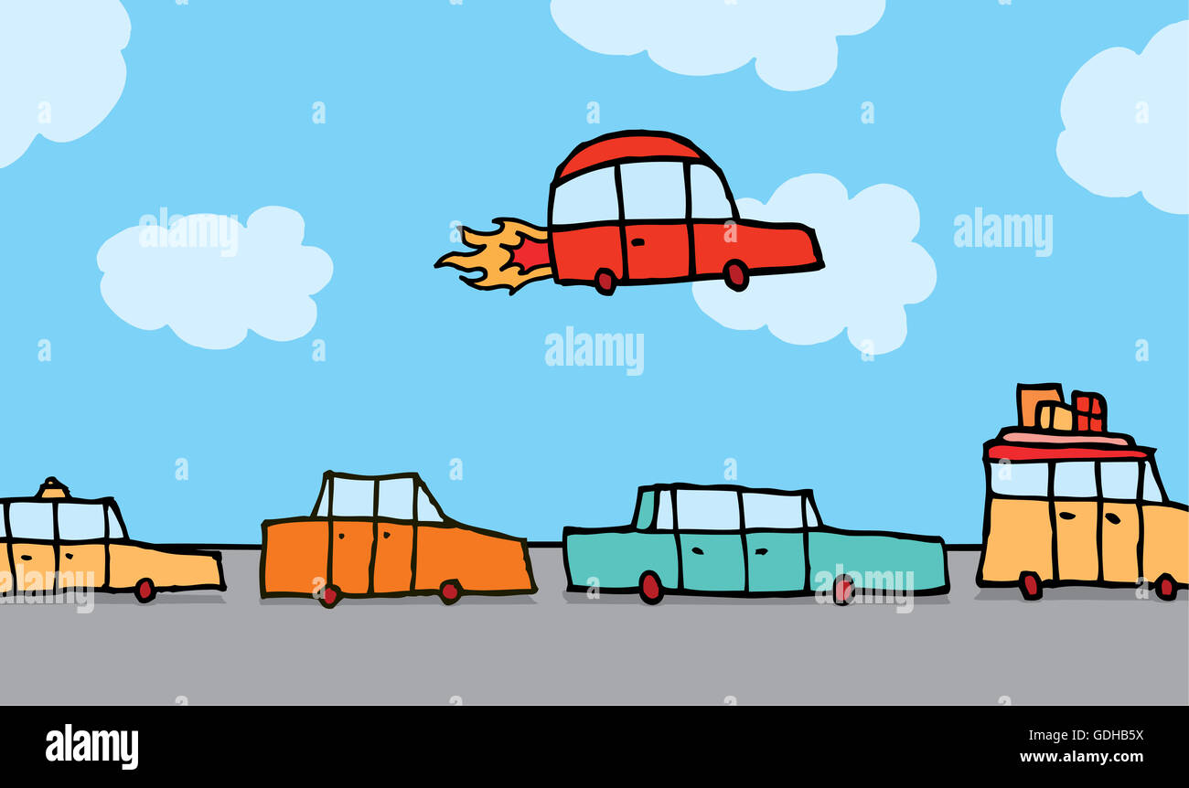 Cartoon illustration of a flying car passing above other land vehicles ...