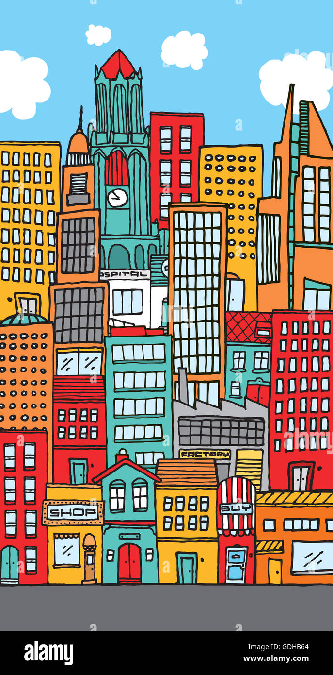 Illustration of a city with lots of colorful buildings Stock Photo - Alamy