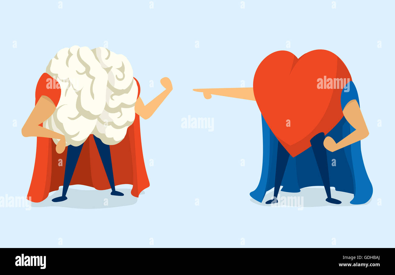Cartoon illustration of super hero battle between brain and heart Stock ...