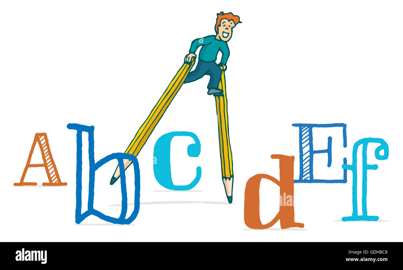 Cartoon illustration of child learning to read letters Stock Photo - Alamy