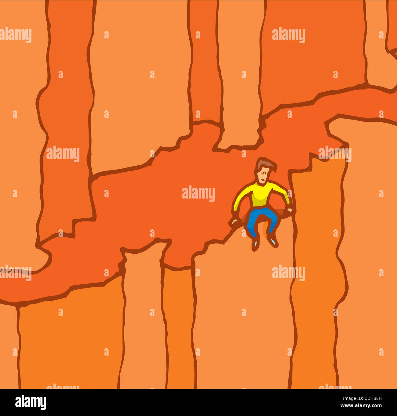 Cartoon illustration of pensive man sitting on cliff or mountain ledge ...
