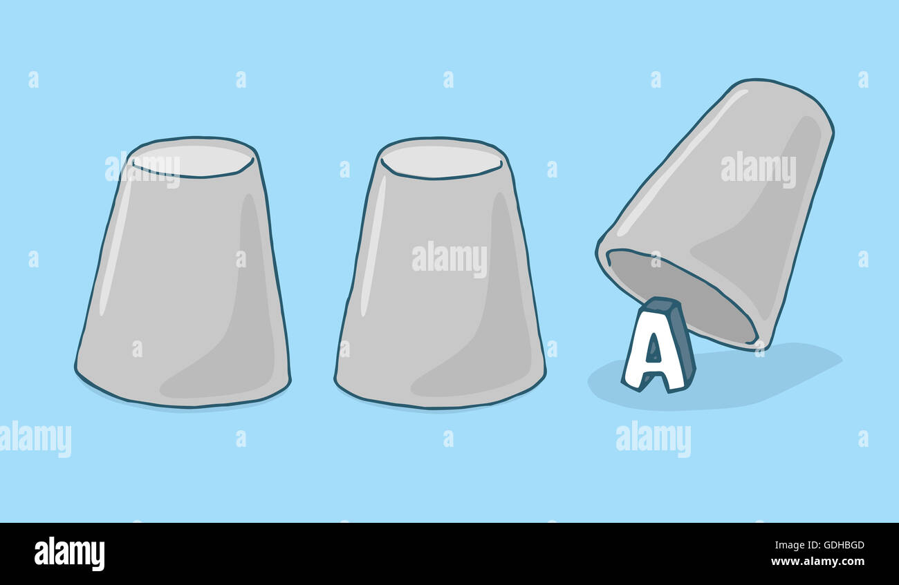 Cartoon illustration of education or letter hiding under cups game ...