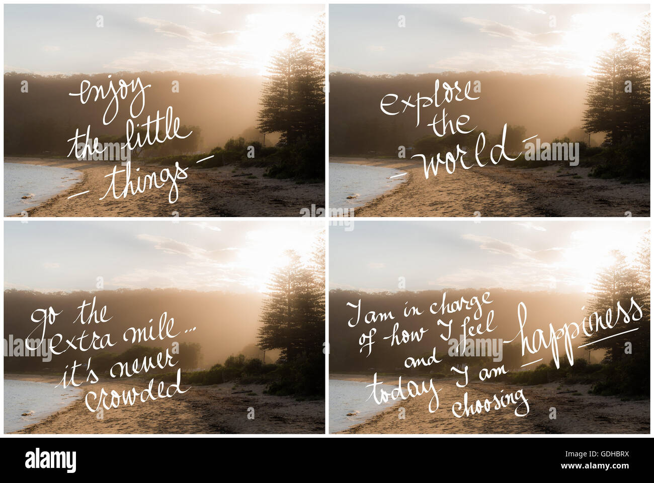 Photo Collage of Handwritten motivational texts over sunset calm sunny ...