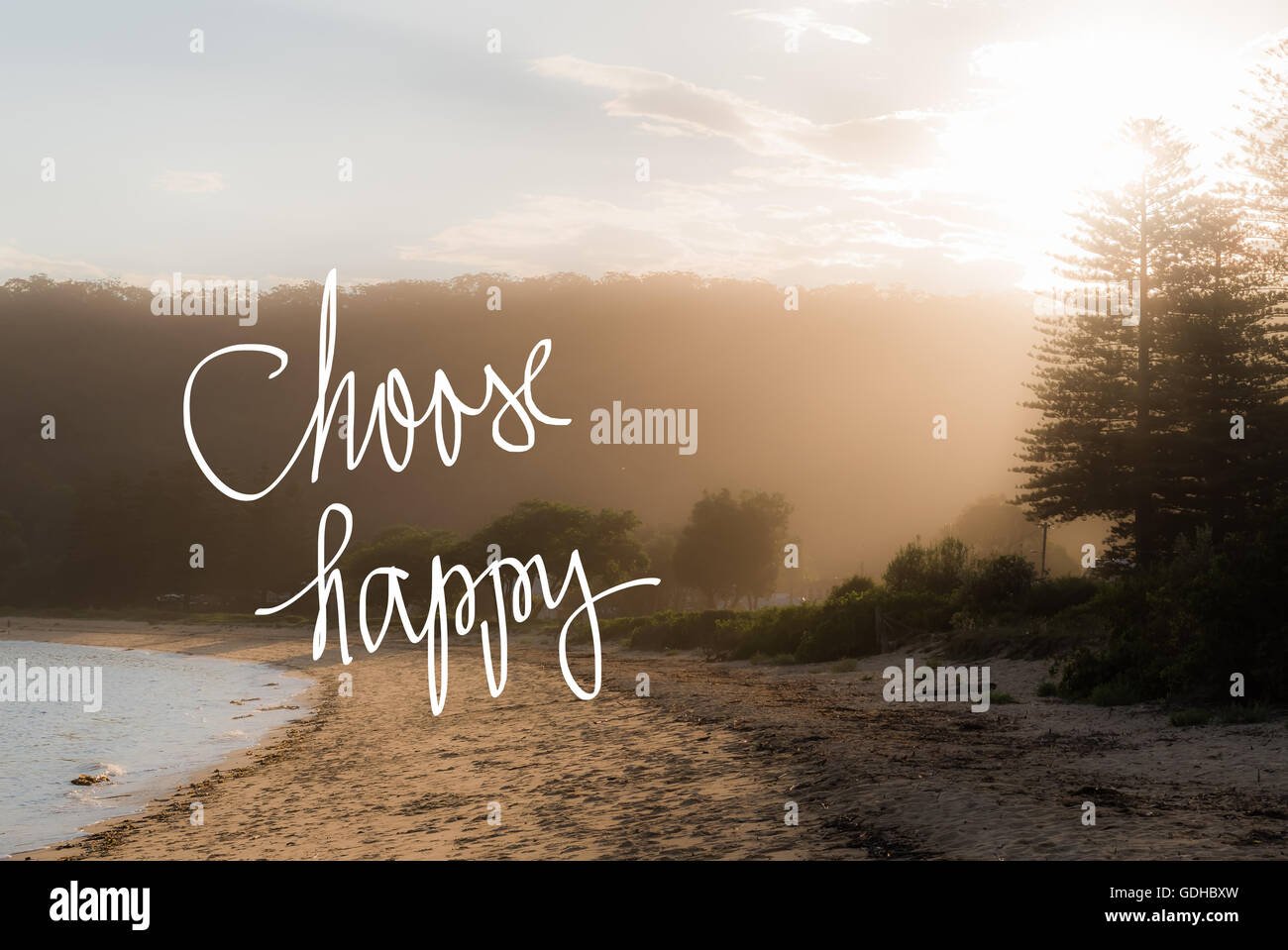 Choose Happy message. Handwritten motivational text over sunset calm ...