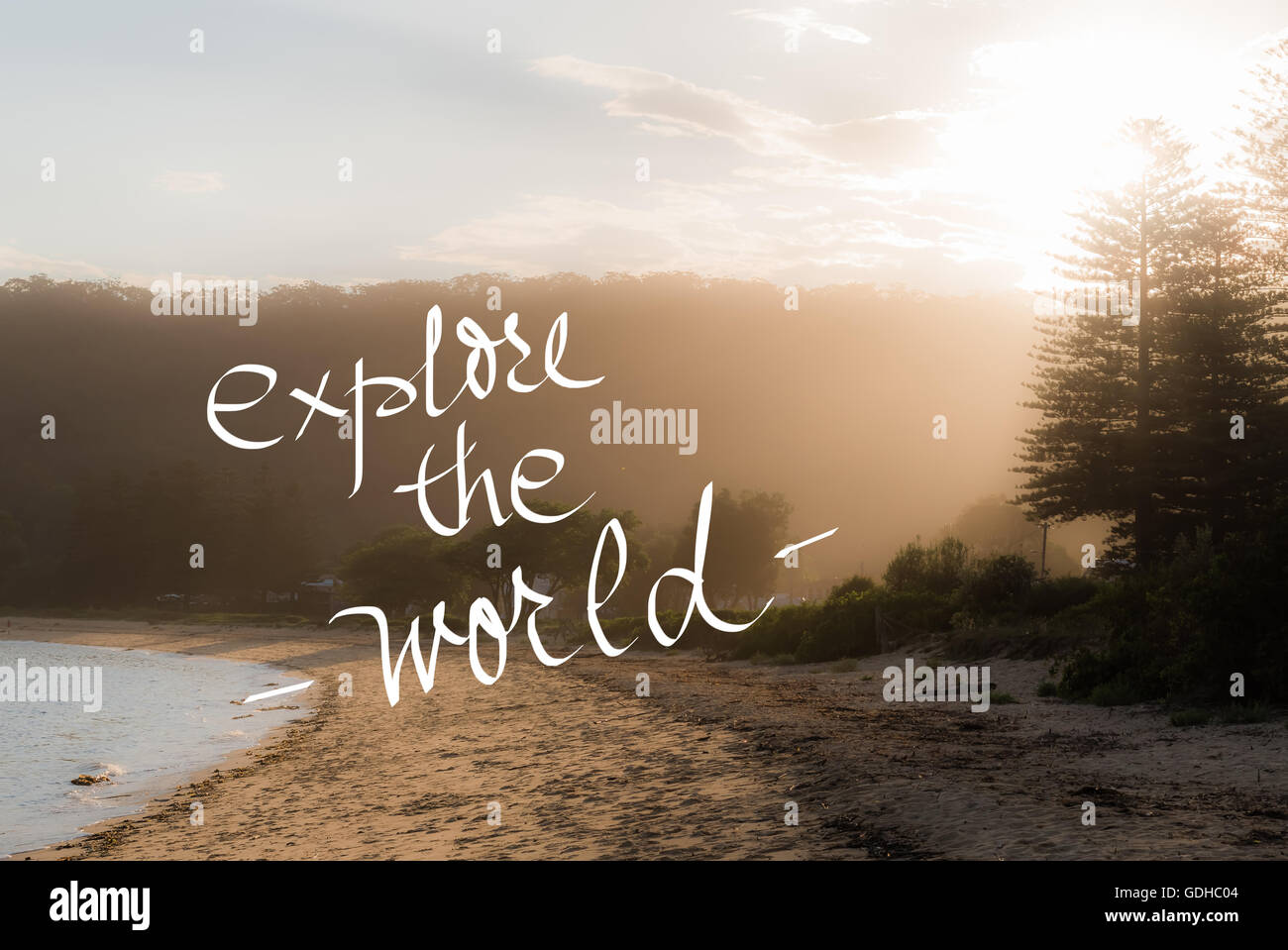 Explore The World message. Handwritten motivational text over sunset ...