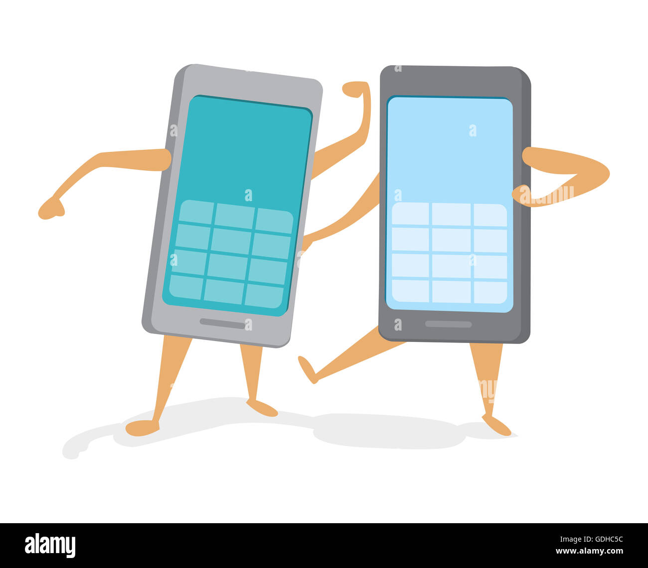 Cartoon illustration of rival mobile phones competing and fighting ...