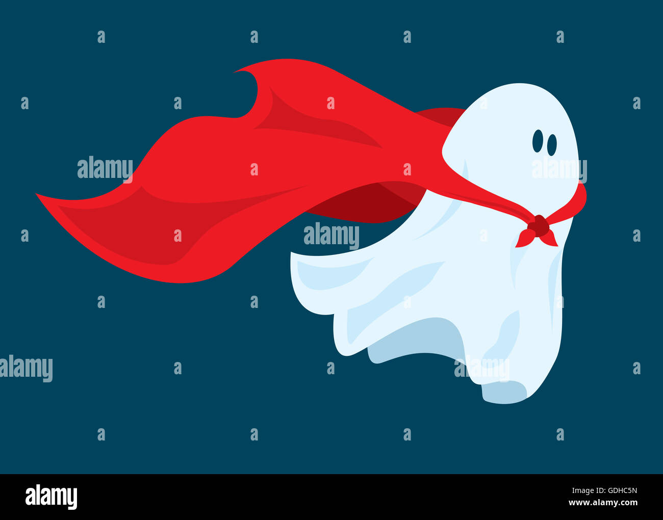 Cartoon illustration of funny super hero ghost flying with costume cape ...