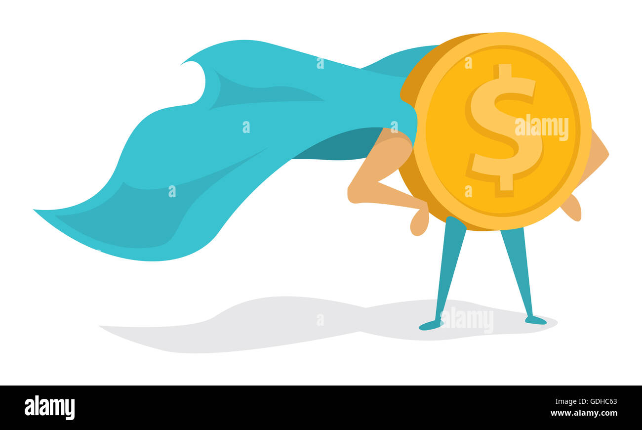 Cartoon illustration of super hero coin standing proudly with cape ...