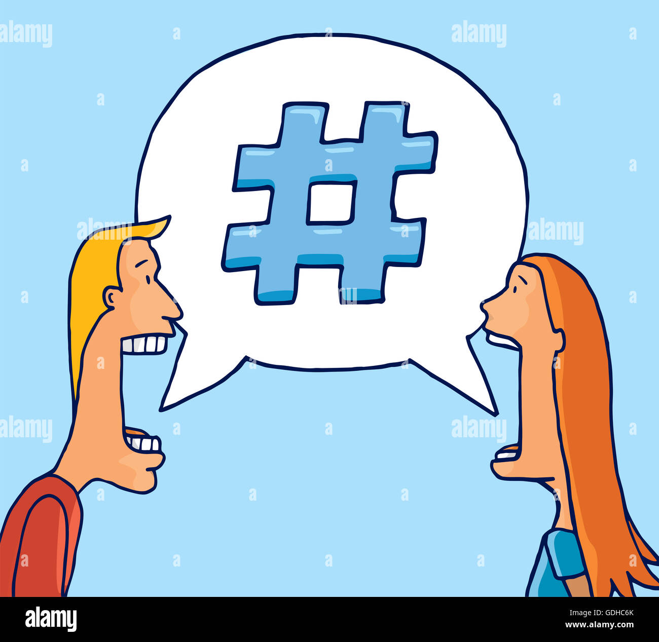 Cartoon illustration of couple sharing a topic on social media chat ...