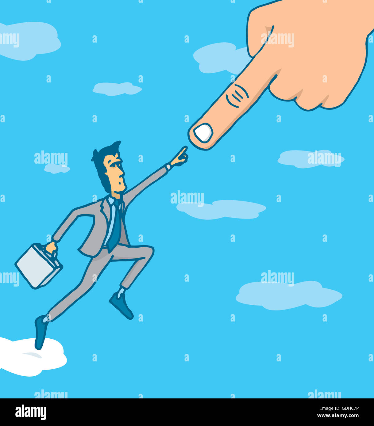 Cartoon illustration of chosen businessman contacting a higher power ...