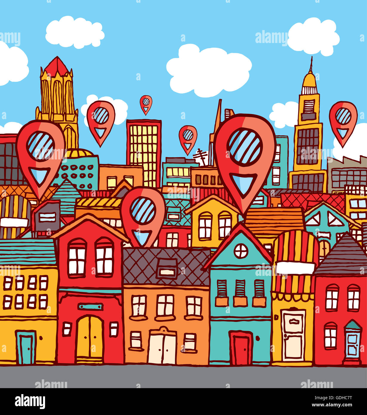 Cartoon illustration of city full of marker icon locations or landmarks ...