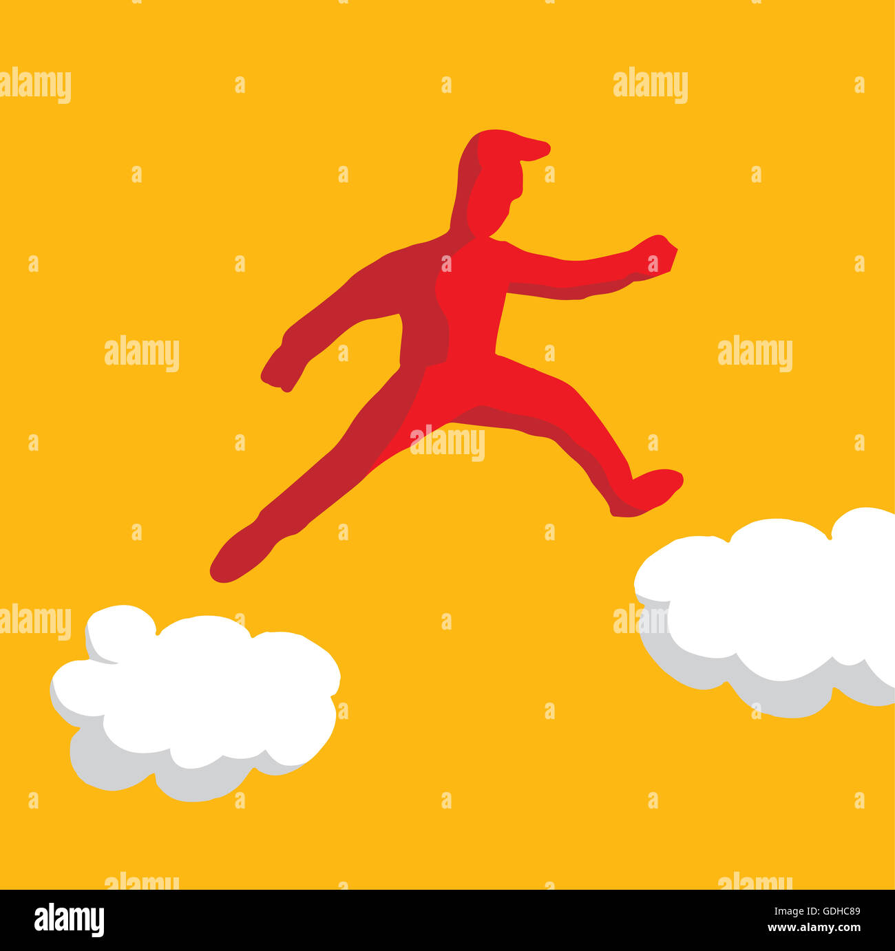 Cartoon illustration of man jumping on clouds taking risks Stock Photo ...