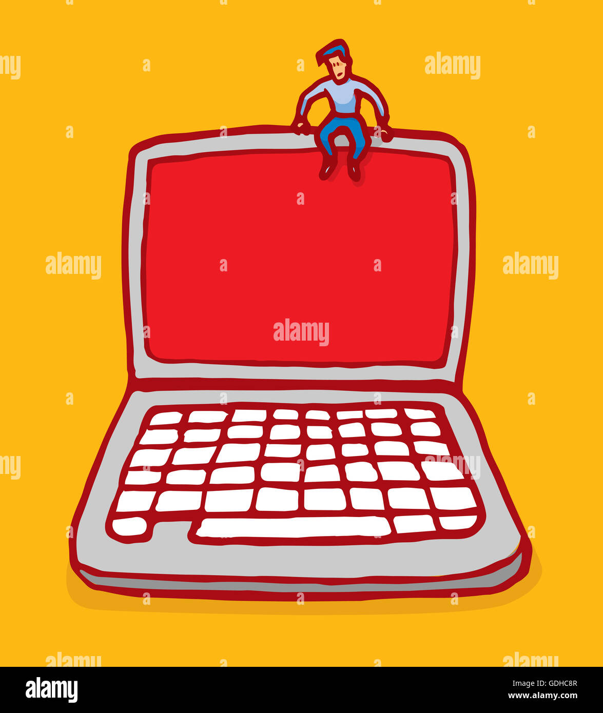 Cartoon illustration of small man sitting on top of laptop computer ...