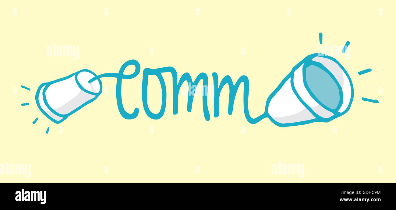 Cartoon illustration of communication word with two cups as cable phone ...