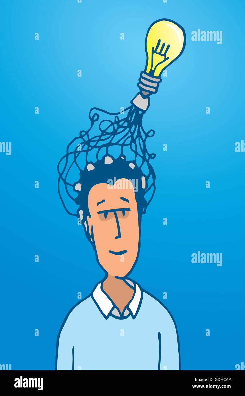 Cartoon illustration of man connecting his brain into a light bulb idea ...