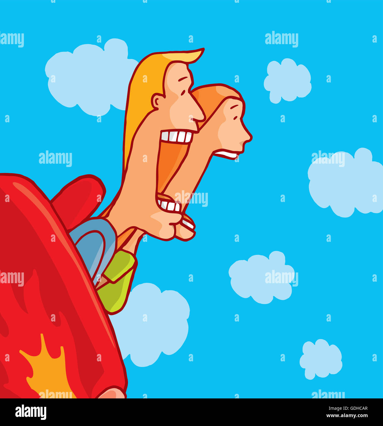 Cartoon illustration of young couple sharing a thrilling ride in fun ...