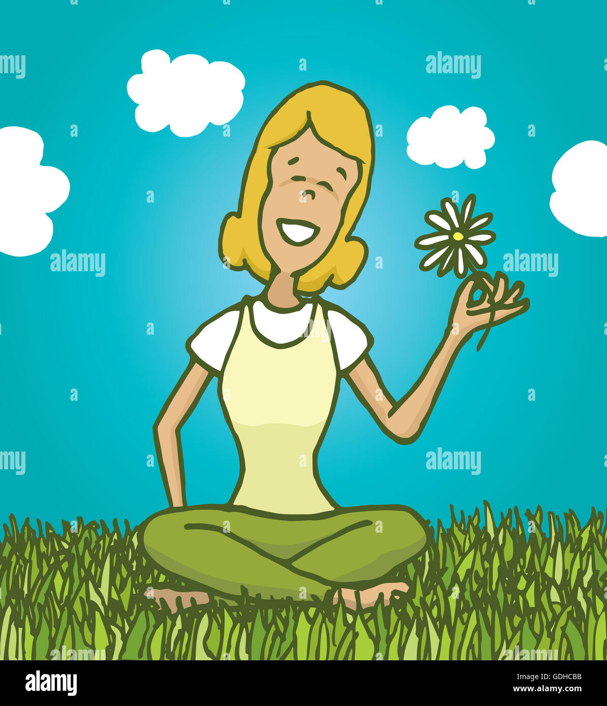 Cartoon illustration of relaxed woman enjoying nature and holding a ...