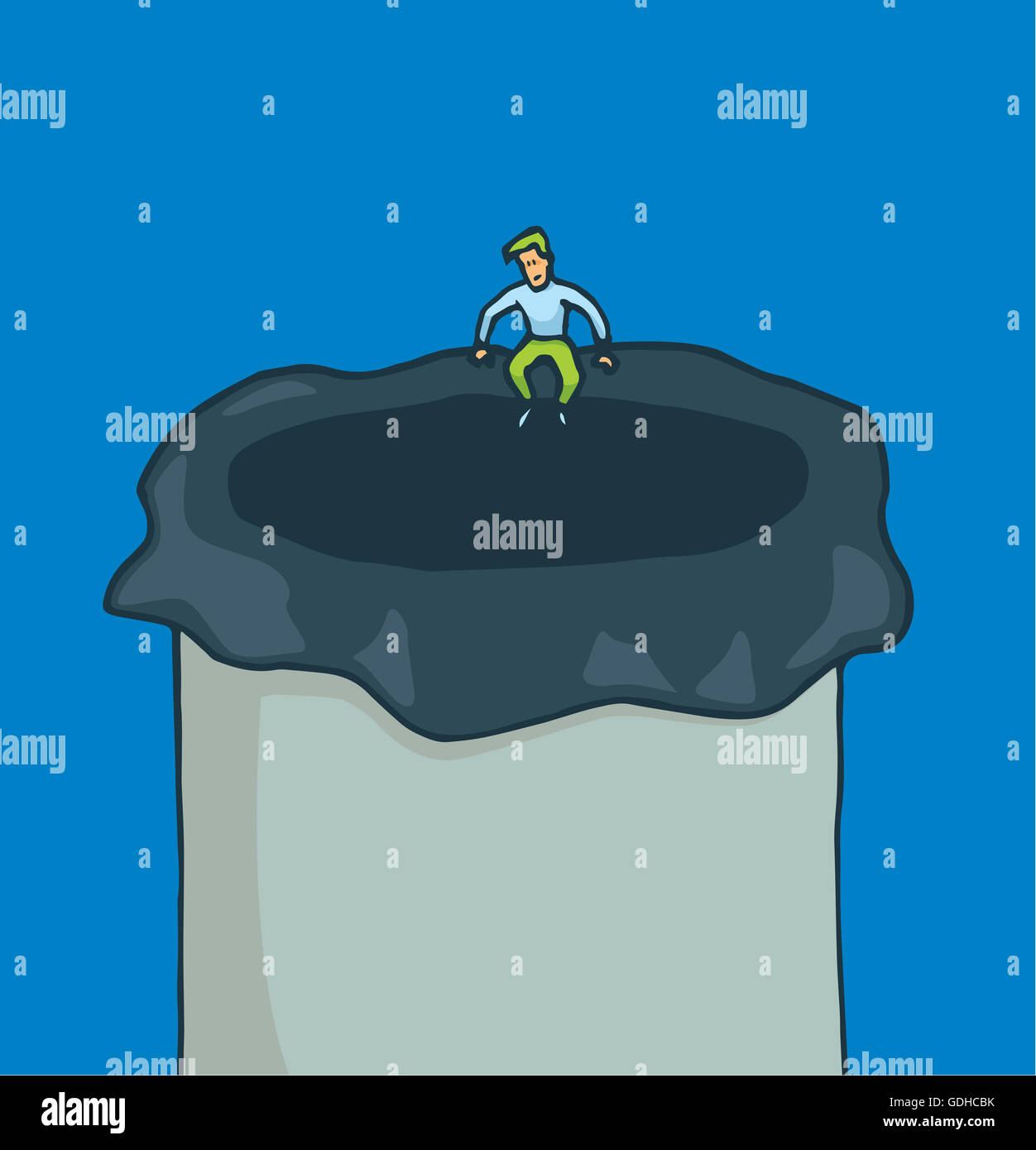 Cartoon illustration of puny man sitting on trash bin ledge Stock Photo ...