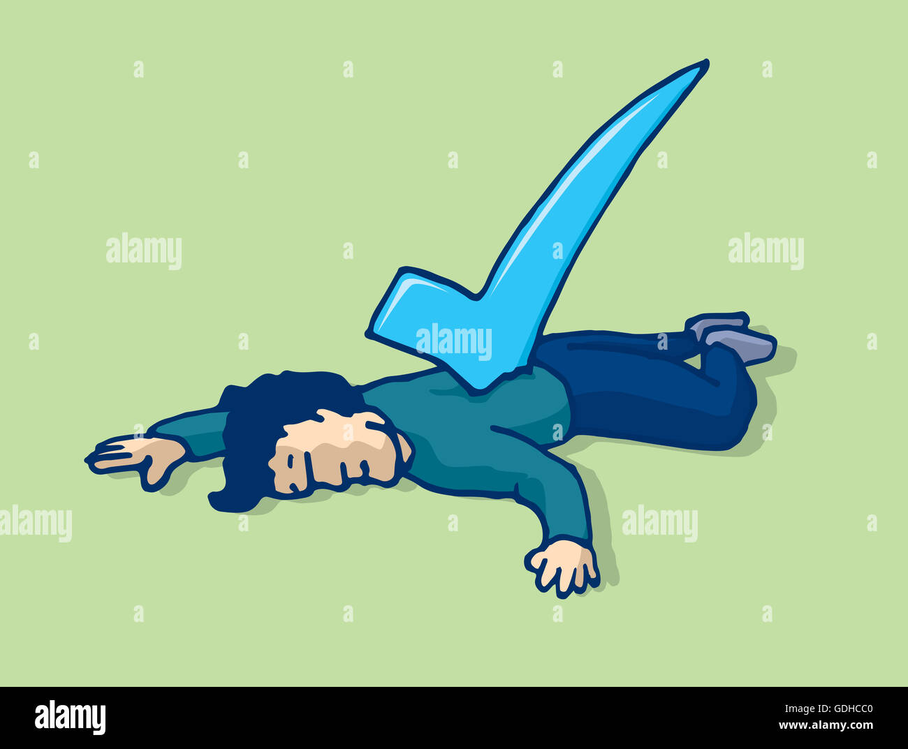 Cartoon illustration of fallen man stabbed with checked mark Stock ...