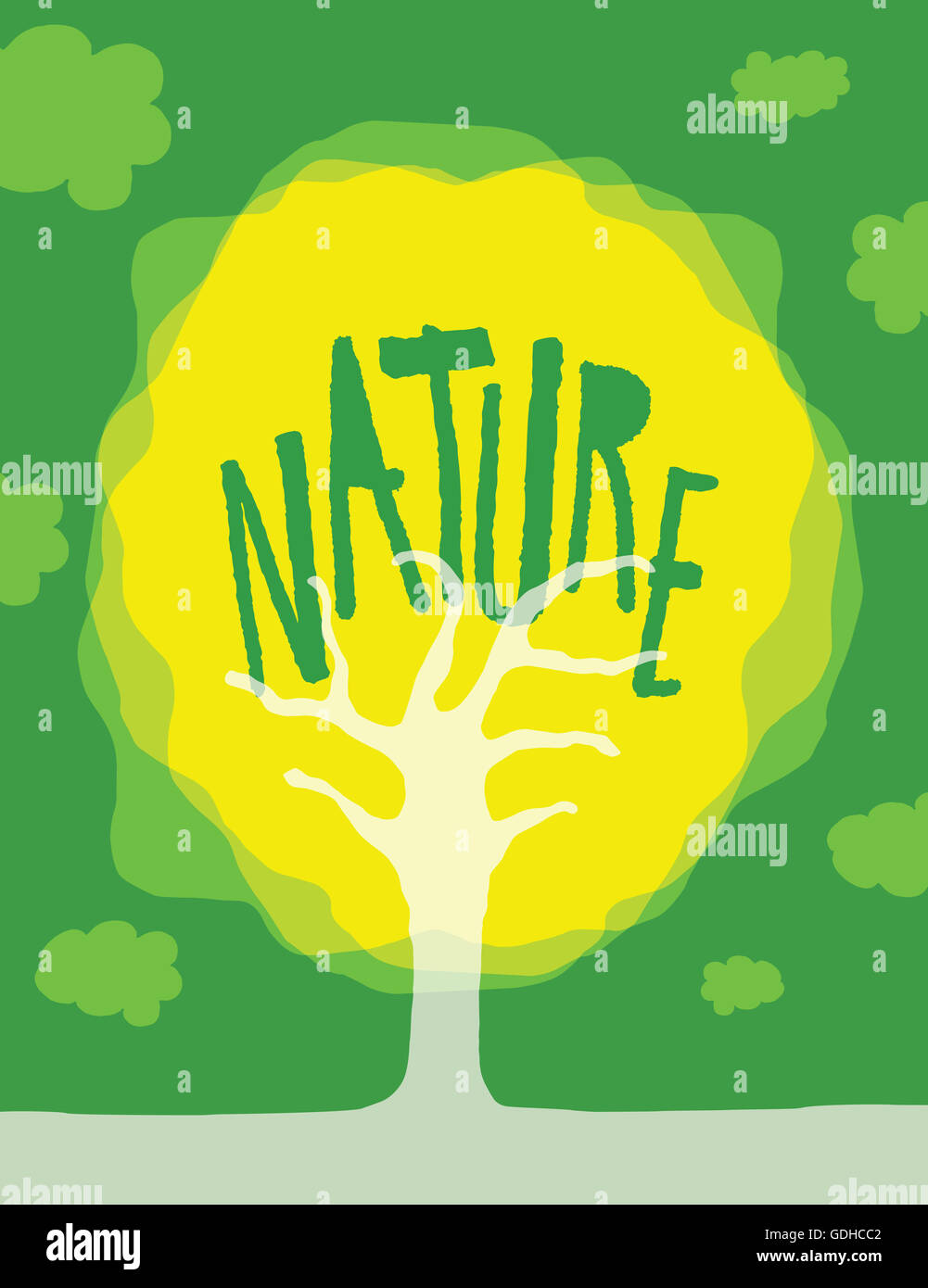 Cartoon illustration tree with green nature word Stock Photo - Alamy