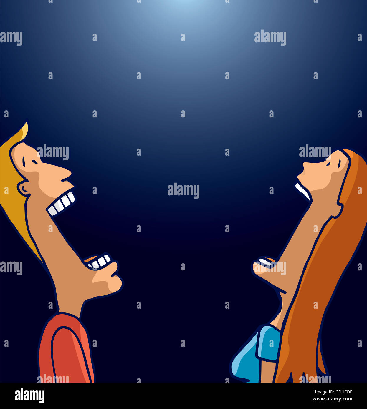 Cartoon illustration of young couple looking up in awe at pale light ...