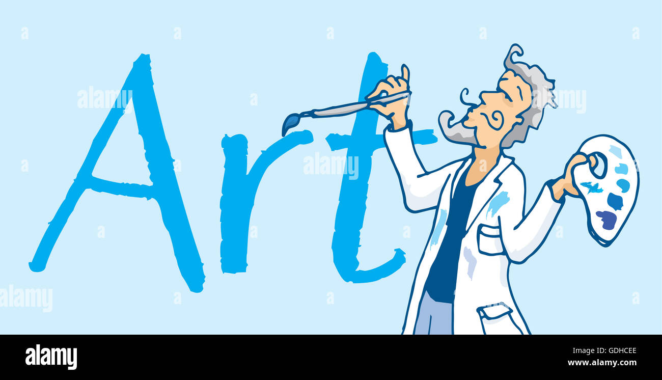 Cartoon illustration of an inspired artist painting art word sign Stock ...