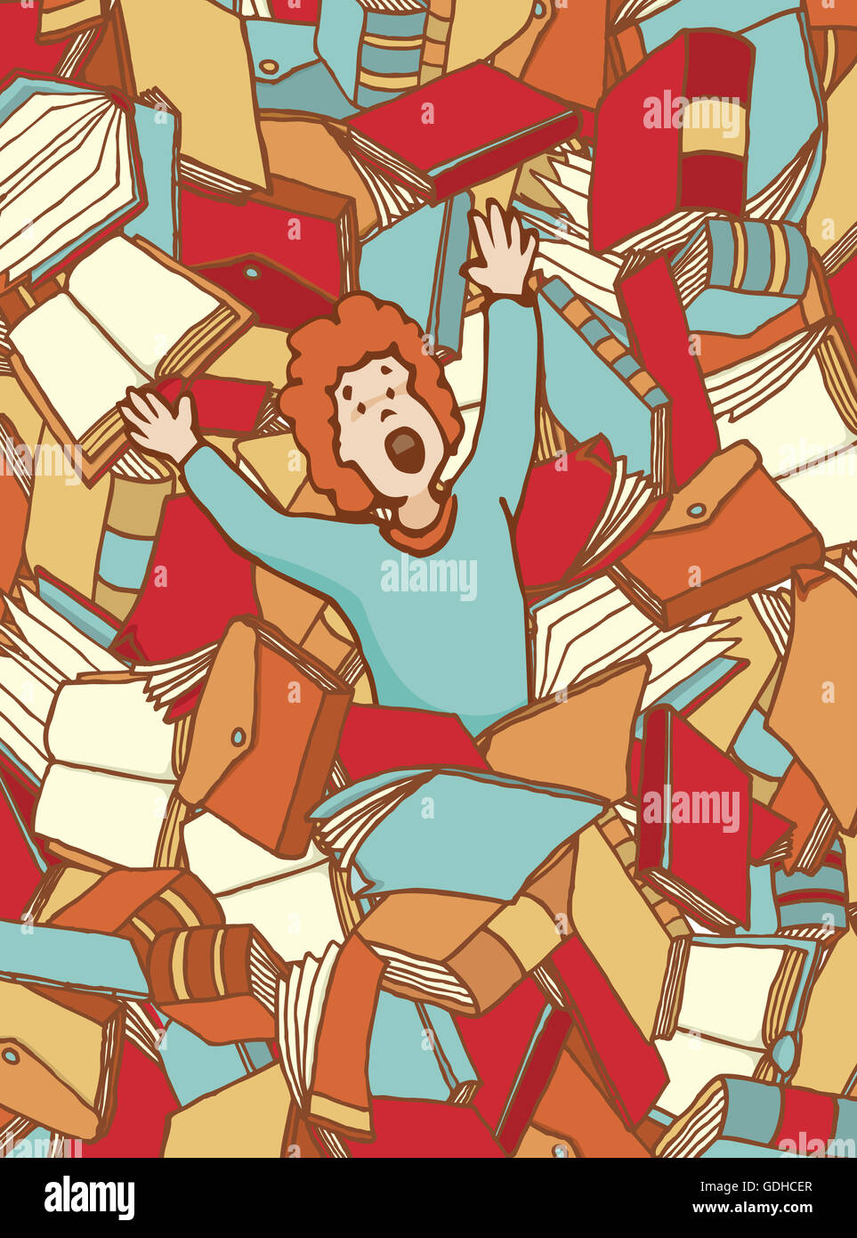 Cartoon illustration of guy reaching for help drowning on books Stock ...