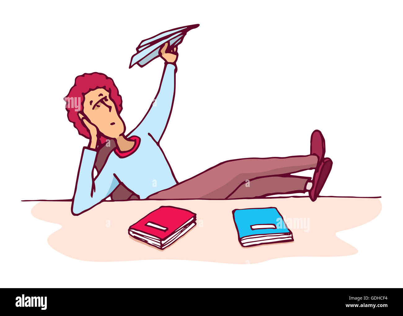 Cartoon illustration of an unmotivated and distracted student throwing ...