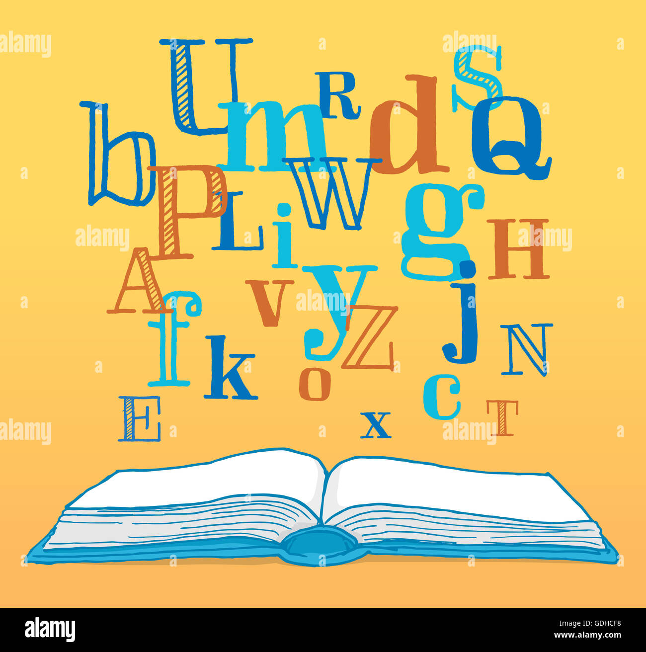 Cartoon illustration of different letters floating from a book Stock ...