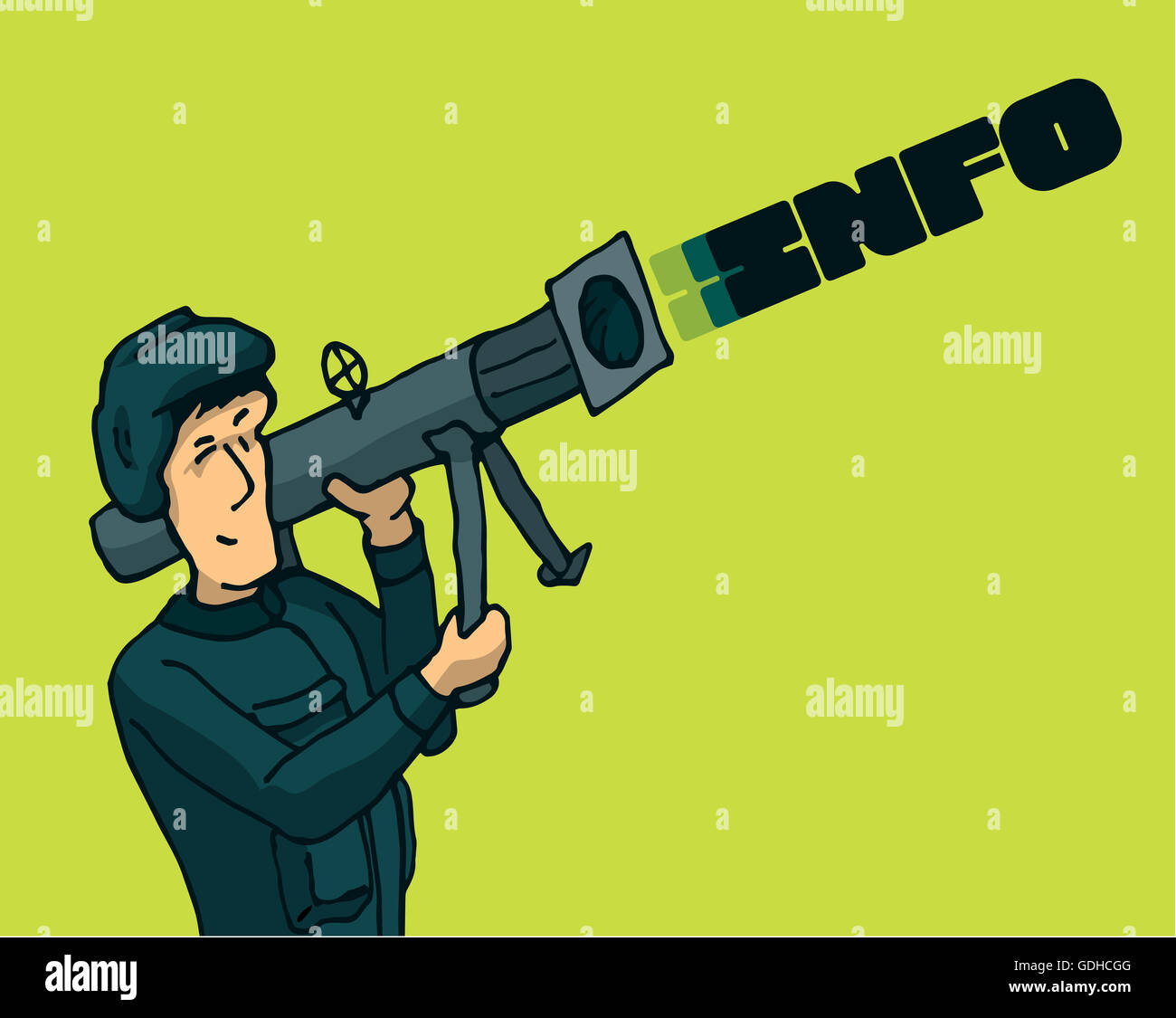 Cartoon illustration of soldier attacking and bombarding on information ...
