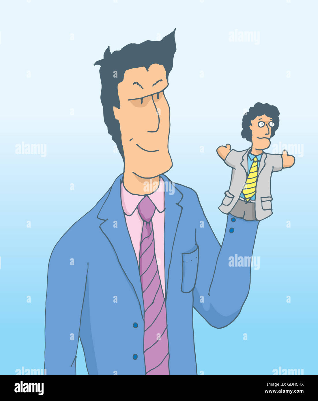 Cartoon illustration of businessman using a puppet or manipulating a ...