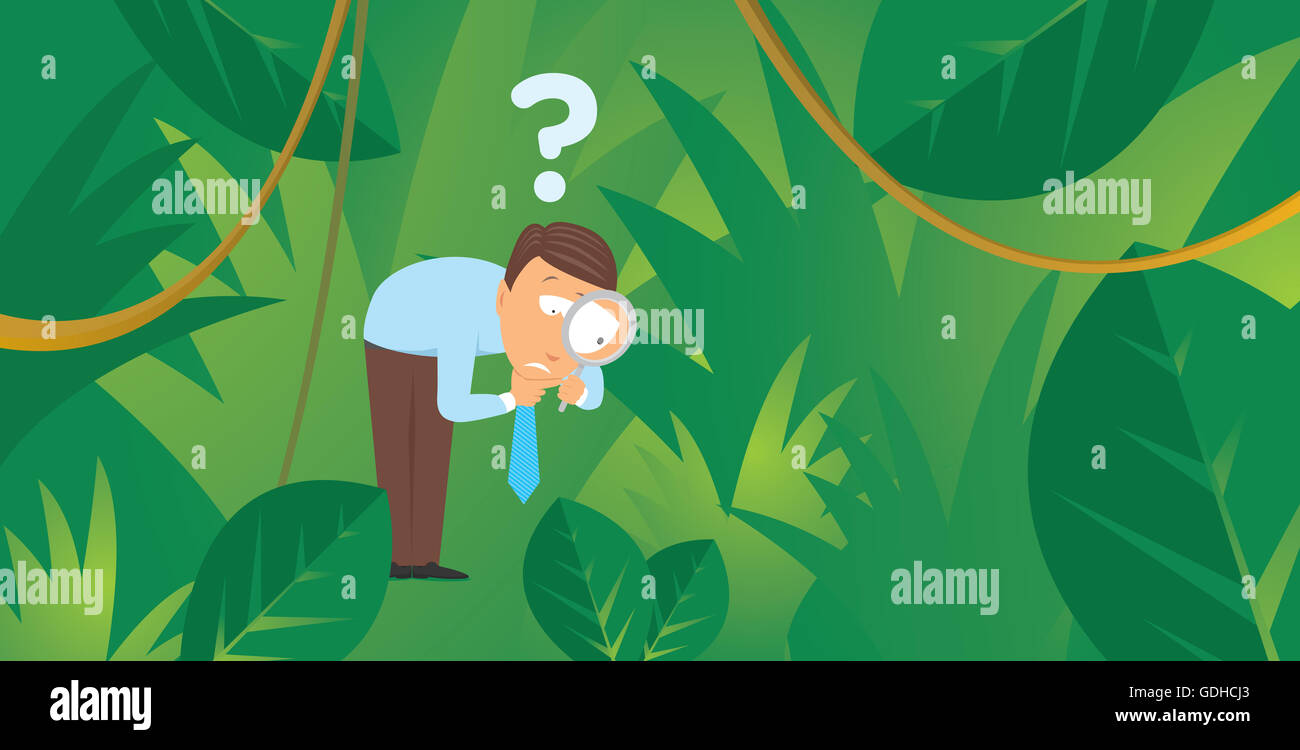Cartoon illustration of lost businessman following a trail in the ...