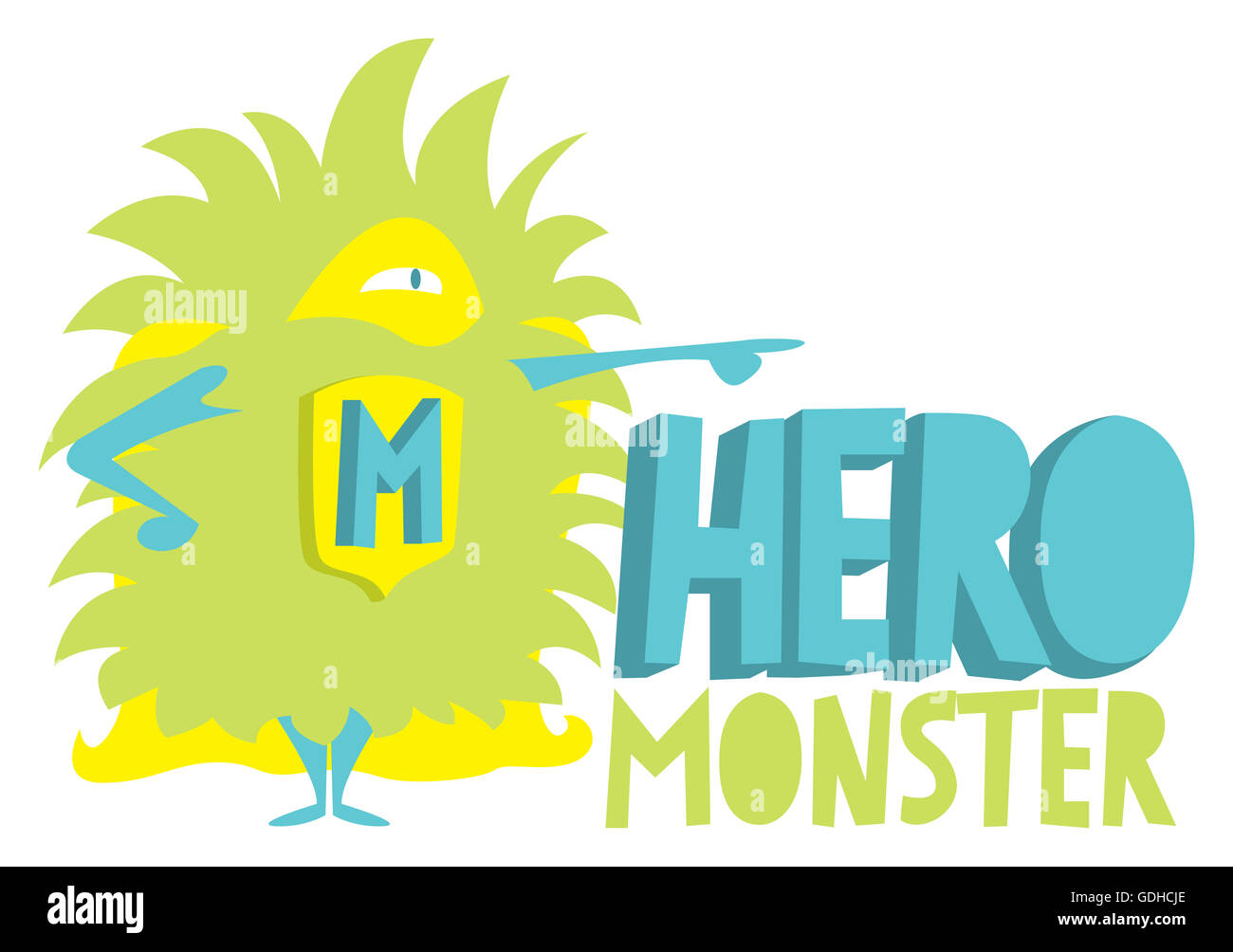 Cartoon illustration of a cute childish monster super hero standing ...
