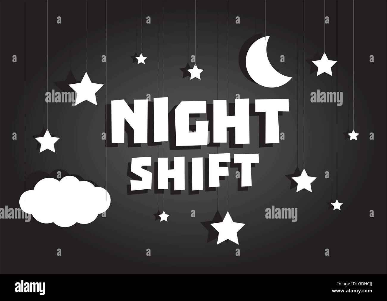Cartoon illustration sign of Night shift hanging with stars and moon ...