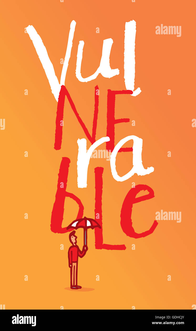 Cartoon illustration of man with umbrella under vulnerable word Stock ...