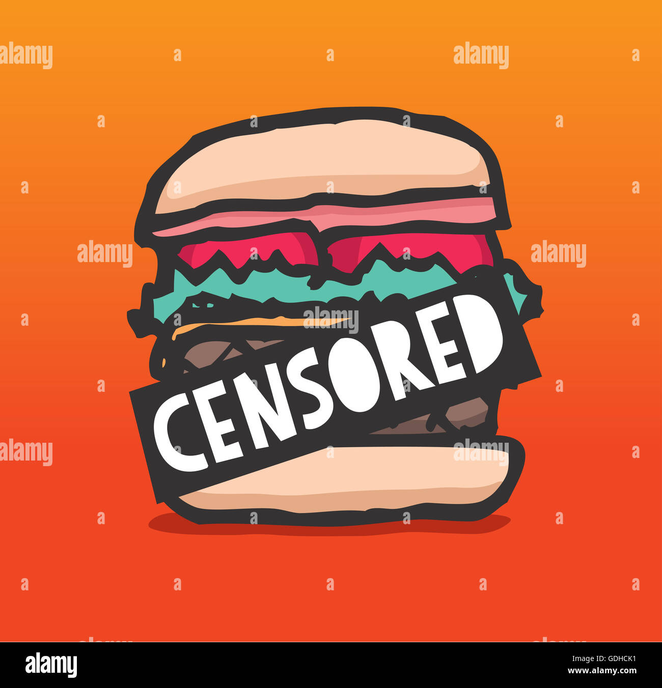 Cartoon illustration of censored meat hamburger forbidden to vegan ...