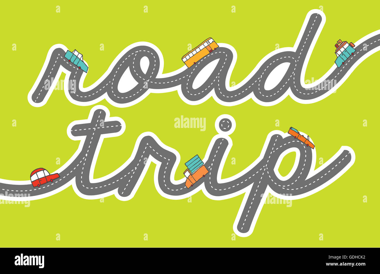 Cartoon illustration of road tip word with tiny colorful cars driving ...